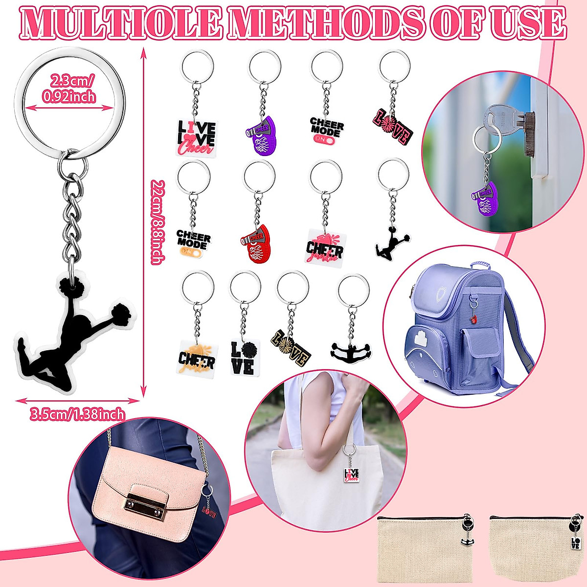 Sureio 48 Pcs Cheerleader Gifts Kit Cheer Stuff Bulk for Team, 24 Pcs Keychain and 24 Pcs Cheer Charms Bracelets Cheerleading Accessories Party Favors for Women Girls Teammates