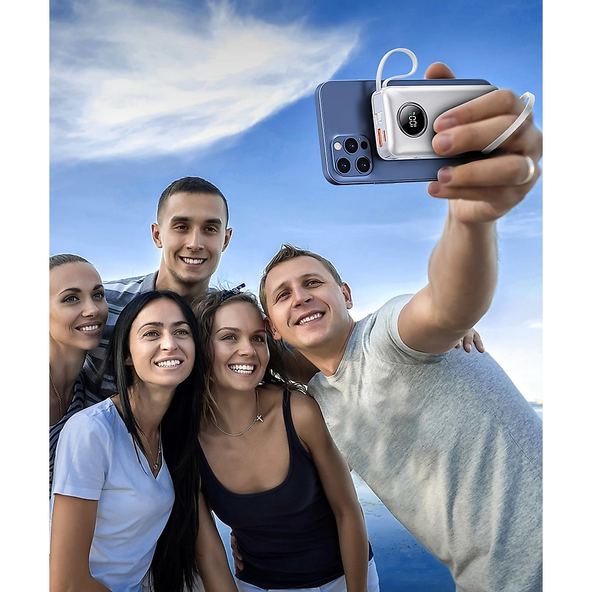 Portable-Charger-Power-Bank - 15000mAh PD 30W Power Bank, Built in Type-C(30W) and iOS(20W) Output Cables LED Display for iPhone and Android Phones and Most Electronic Devices(White)