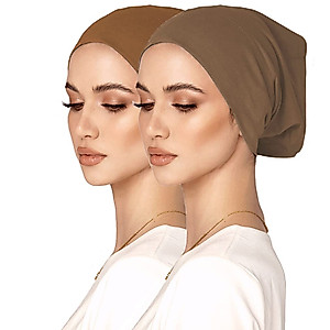 Hophor Women Slouchy Beanie Hats Bandana Bone Chemo Inner Cap for Hijab (Khaki+Nude)