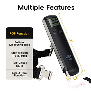 TADA 110 lbs Travel Luggage Scale Battery-Free Portable Digital Hanging Hand Baggage Scale for Travel Suitcase Weight Scale with Built-in Measuring Tape