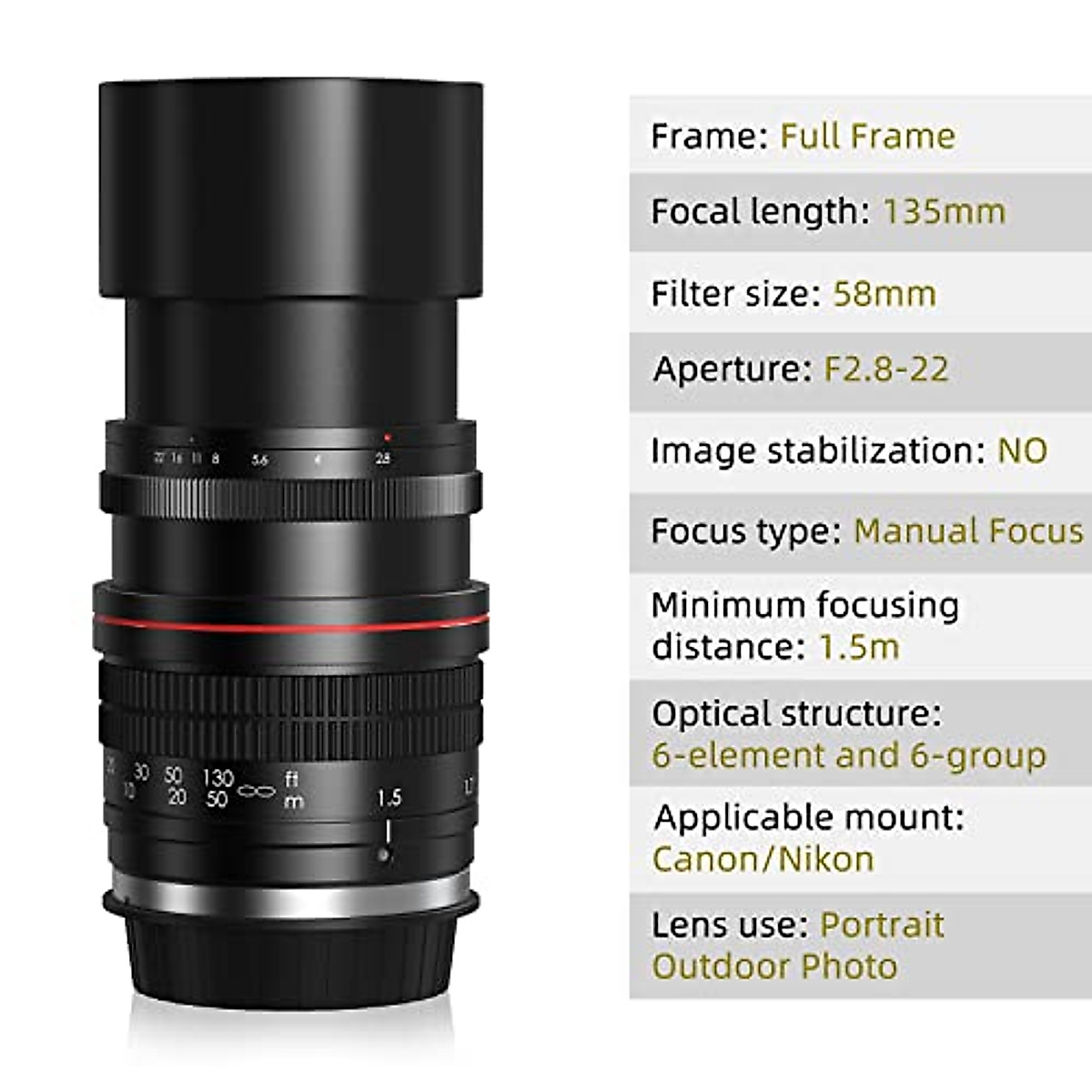 Lightdow 135mm f/2.8 FE UMC Full Frame Telephoto Lens for Canon Rebel EOS 80D 77D 70D 60D 50D 7D 6D 5D 5DS 1DS T7i T7s T7 T6s T6i T6 T5i T5 T4i SL2 and SL1 Digital SLR Cameras Black