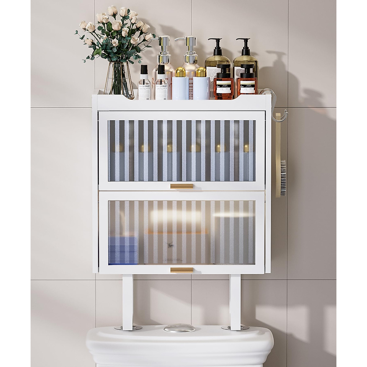 Cozivolife Over The Toilet Storage Cabinet,Bamboo Bathroom Organizer Rack with Lid and 2 Hooks,Space Saver Shelf for Bathroom,No Drilling Design Wall Mounted (White, L)