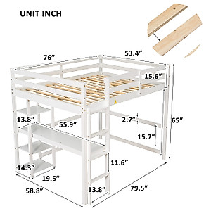 HZHOME Full Loft Bed with Desk and Shelves,White