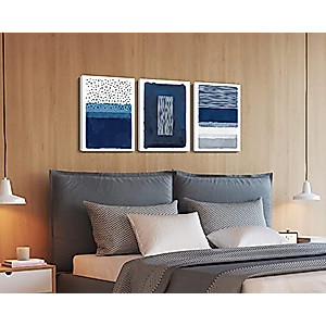 Creoate Blue Canavs Wall Art for Living Room Decor 3 Pieces Abstract Blue and White Painting Canvas Print Framed Artwork Set for Bedroom Decor Navy Blue Canvas Wall Decor, Ready to Hang, 12x16 Inch x3pcs
