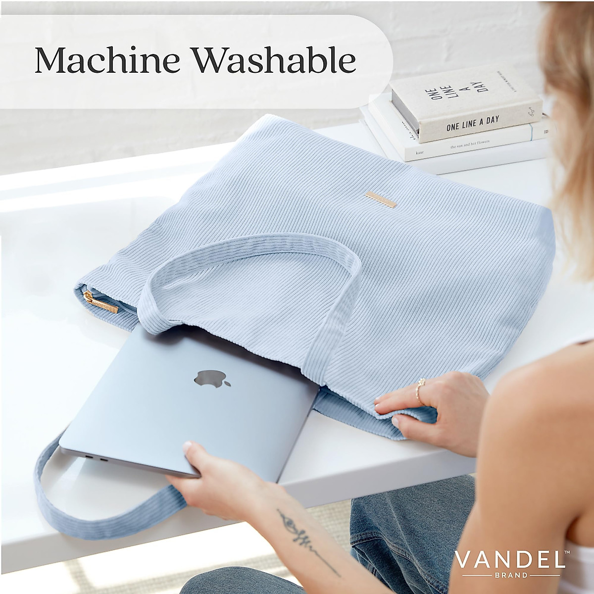 VANDEL Corduroy Tote Bag for Women and Men with Zipper and Inner Pockets. Blue Zipper Tote Bag, Cute Tote Bag Aesthetic
