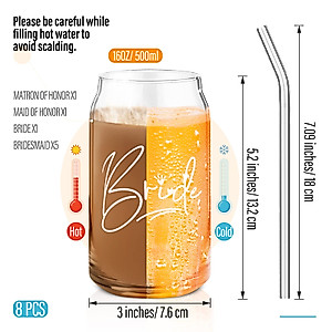 Inbagi 8 Pcs Bridesmaid Gifts Iced Coffee Cup with Bamboo Lids and Glass Straw 16 oz Mason Jar Cups Bride Can Shaped Drinking Glasses Cute Tumbler Cup Bridal Shower, Bachelorette Party Supplies