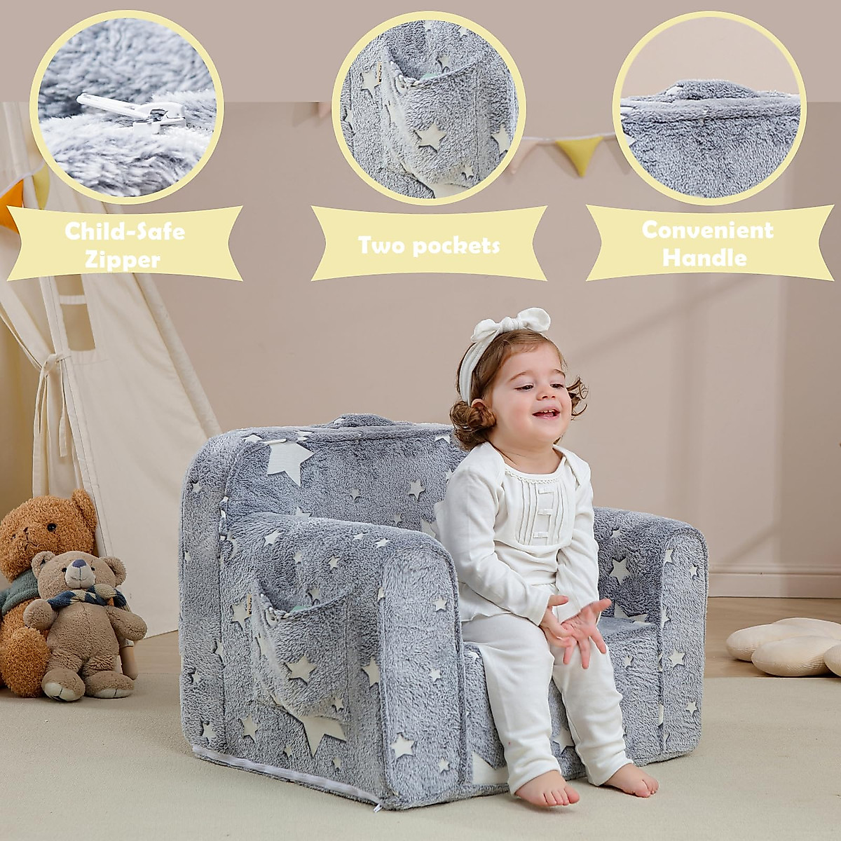 Comfy Toddler Chair Kids Chair,Toddler Foam Chair,Kids Armchair Toddler Couch Baby Kids Sofa Reading Chair with Glow in The Dark(Glow Star)