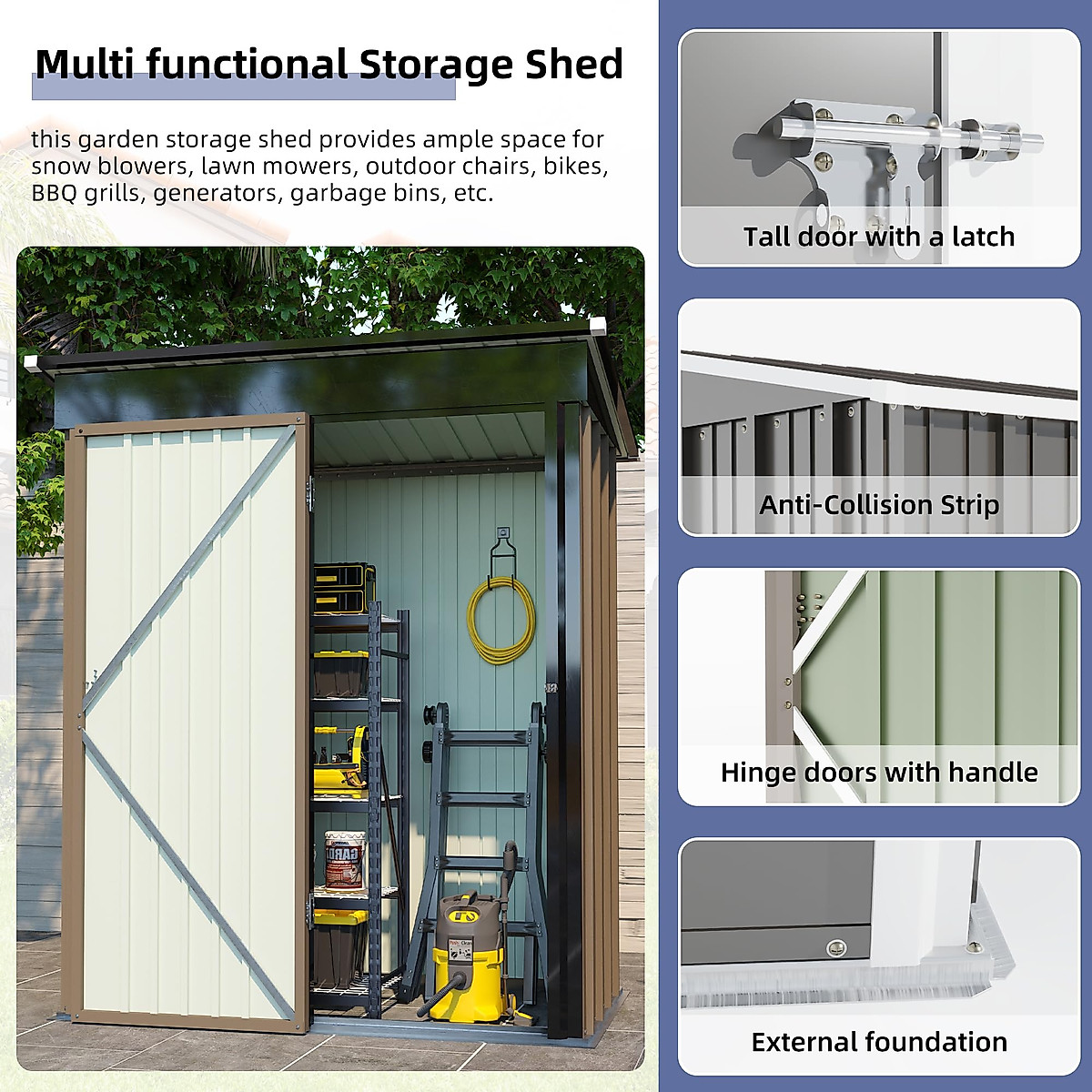 5X3 FT Outdoor Storage Shed, Waterproof Metal Garden Sheds with Lockable Door, Steel Tool Storage Buildings Shed & Outdoor Storage House for Garden, Backyard, Patio, Lawn, Trash Cans(Brown)