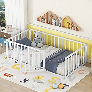 HZANHY Twin Floor Bed, Montessori Floor Bed Frame with Fence Metal Toddler Floor Bed with Door Twin Size Slats Platform Bed with Rails for Boys Girls Excluded Mattress/No Box Spring Needed