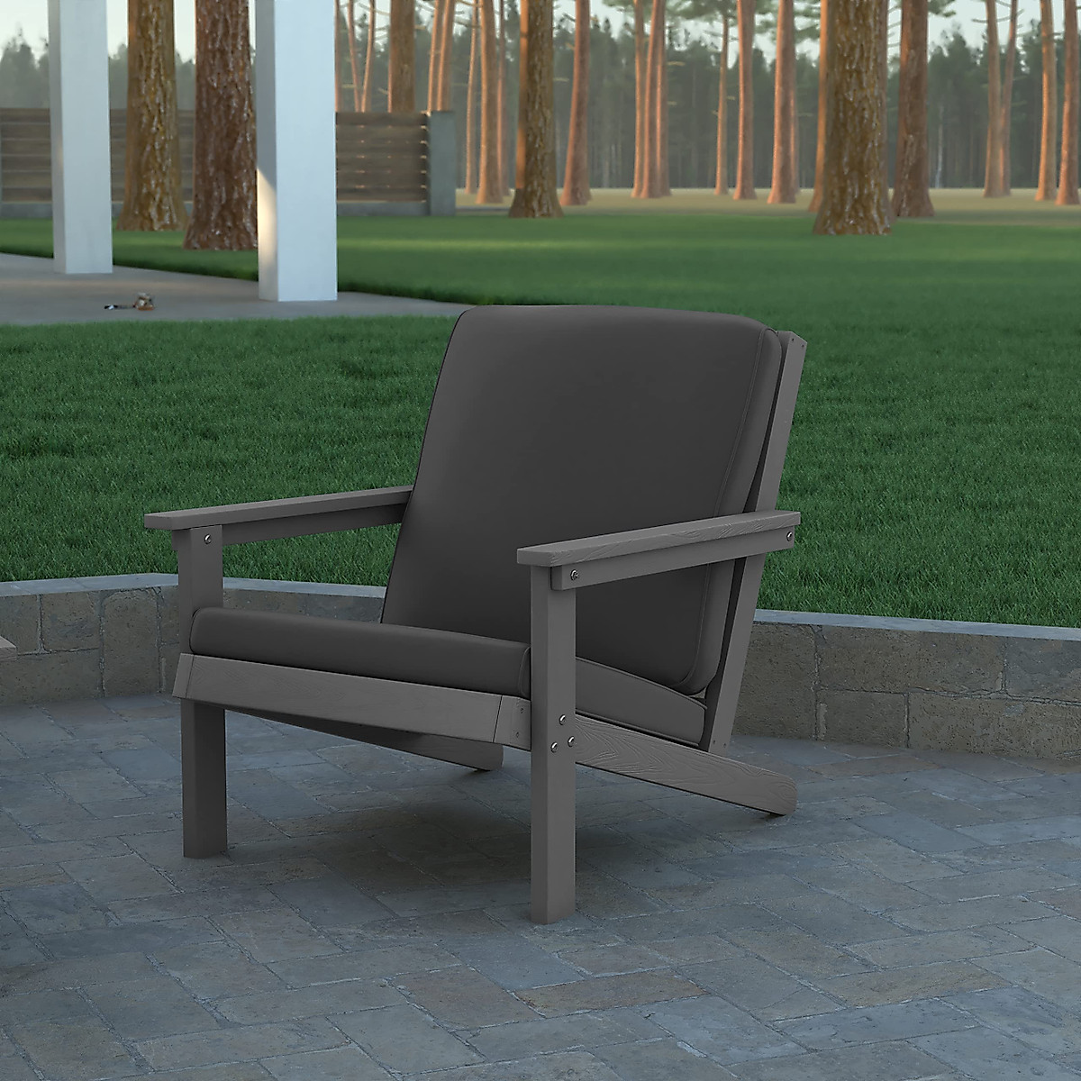 EMMA + OLIVER Hammond All-Weather Adirondack Style Chair - Gray Finish Polyresin Frame - Gray Cushions - Deep Seat - 300 lbs. Static Weight Per Seat