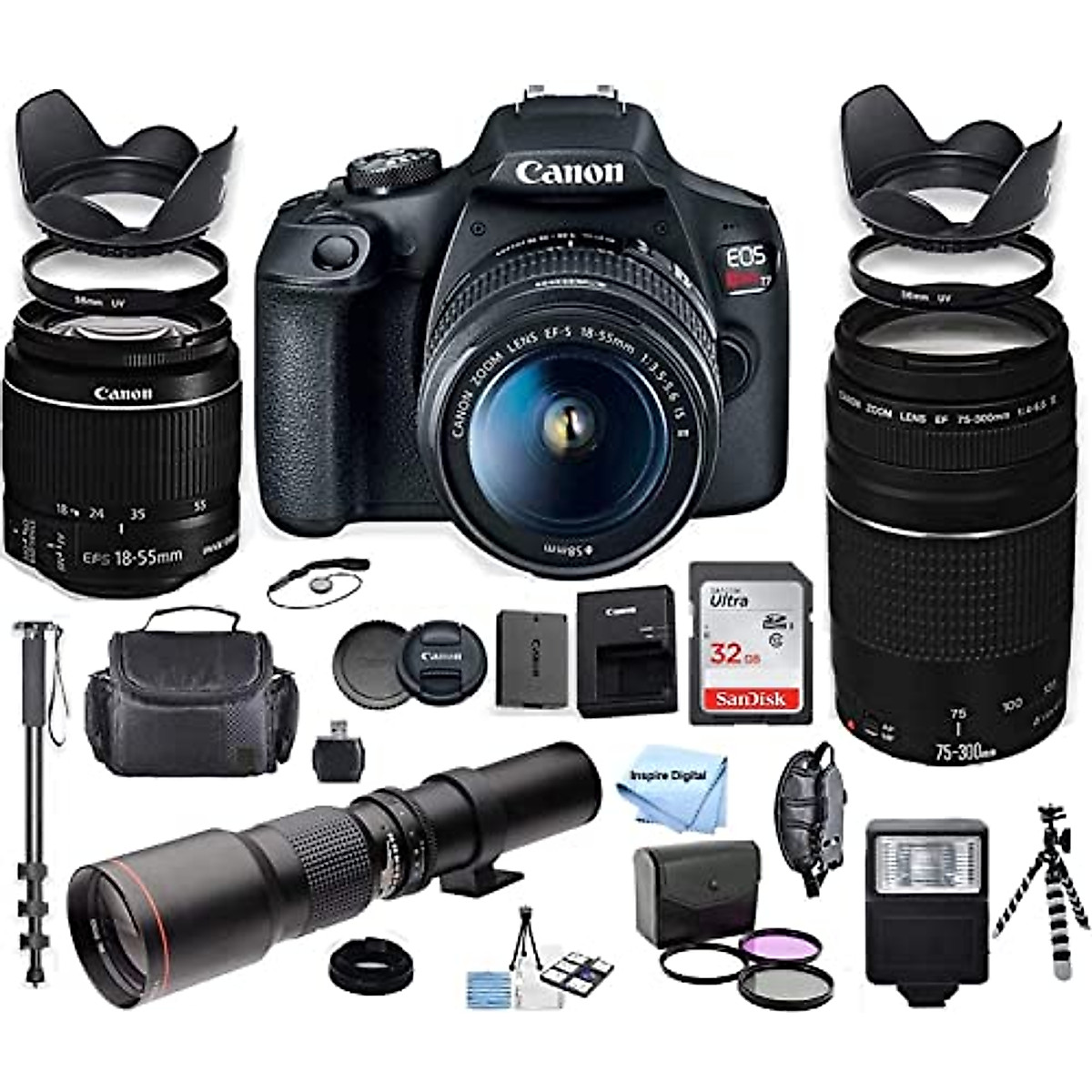 EOS Rebel 2000D DSLR Camera with 18-55mm is II Lens Bundle + EF 75-300mm f/4-5.6 III Lens and 500mm Preset Lens + 32GB Memory + Filters + Monopod + Professional Bundle + Inspire Digi Cloth (Renewed)