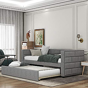 YILIBO Wood Bed Twin Size Trundle, Upholstered Daybed with Padded Back, Space-Saving Design, Built-in Solid Slat Support for Kids Teens Bedroom, No Box Spring Needed, Grey