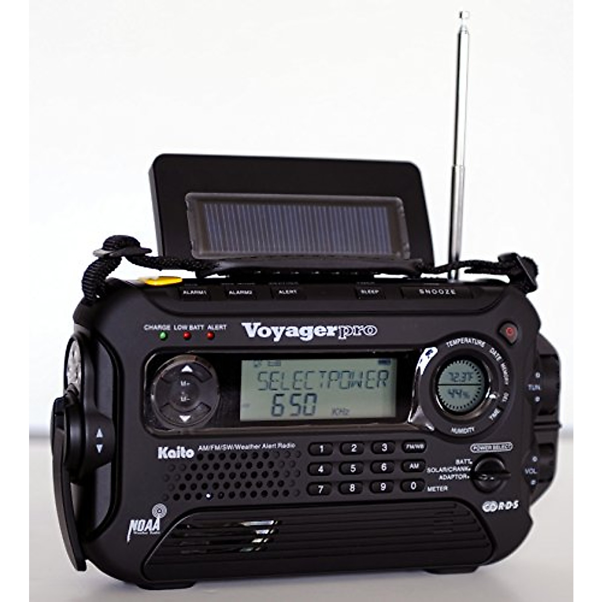 Kaito Voyager Pro KA600 Digital Solar Dynamo Hand Crank AM/FM/LW/SW & NOAA Weather Emergency Radio with Flashlight, Reading Lamp,Smart Phone Charger & RDS and Real-Time Alert, with AC Adapter, Black