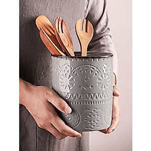 DOWAN Utensil Holder, 7.2" Extra Large Kitchen Utensil Crock for Countertop, Farmhouse Ceramic Utensil Organizer, Anti Slip & Scratch Cork Bottom, Grey Utensil Storage for Home Décor Gifts