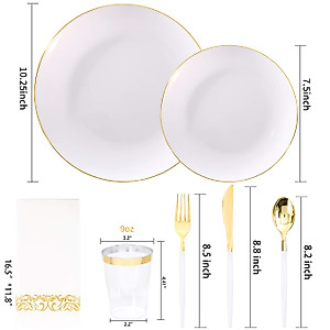 Nervure 140PCS White and Gold Plastic Plates & Disposable Gold Plastic Plates - 20 Dinner Plates, 20 Dessert Plates, 60 Gold Plastic Silverware, 20 Cups, 20 Napkins for Weddings & Party