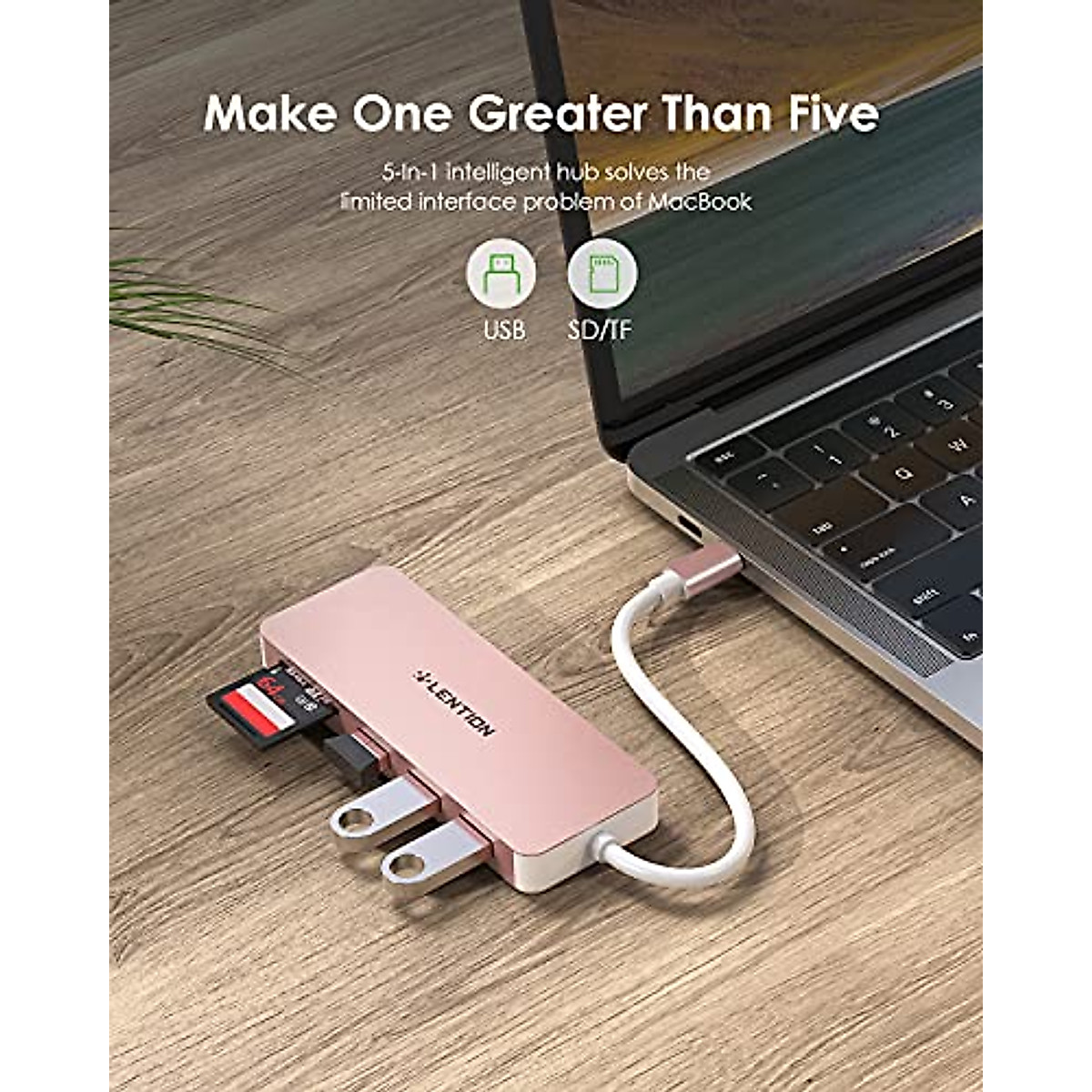 LENTION USB C Hub with 3 USB 3.0 & SD/Micro SD Card Reader Compatible 2022-2016 MacBook Pro, New Mac Air/iPad Pro/Surface, More, Stable Driver Certified Type C Adapter (CB-C15, Rose Gold)