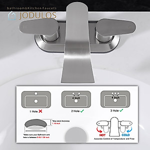 Jodulos 4 inch Centerset 3 Hole Bathroom Faucets Brushed Nickel, Center Set Faucet with cUPC Supply Lines, 2 Handle Waterfall Bathroom Sink Faucet with Pop Up Drain Stopper JU-DE-201-BN