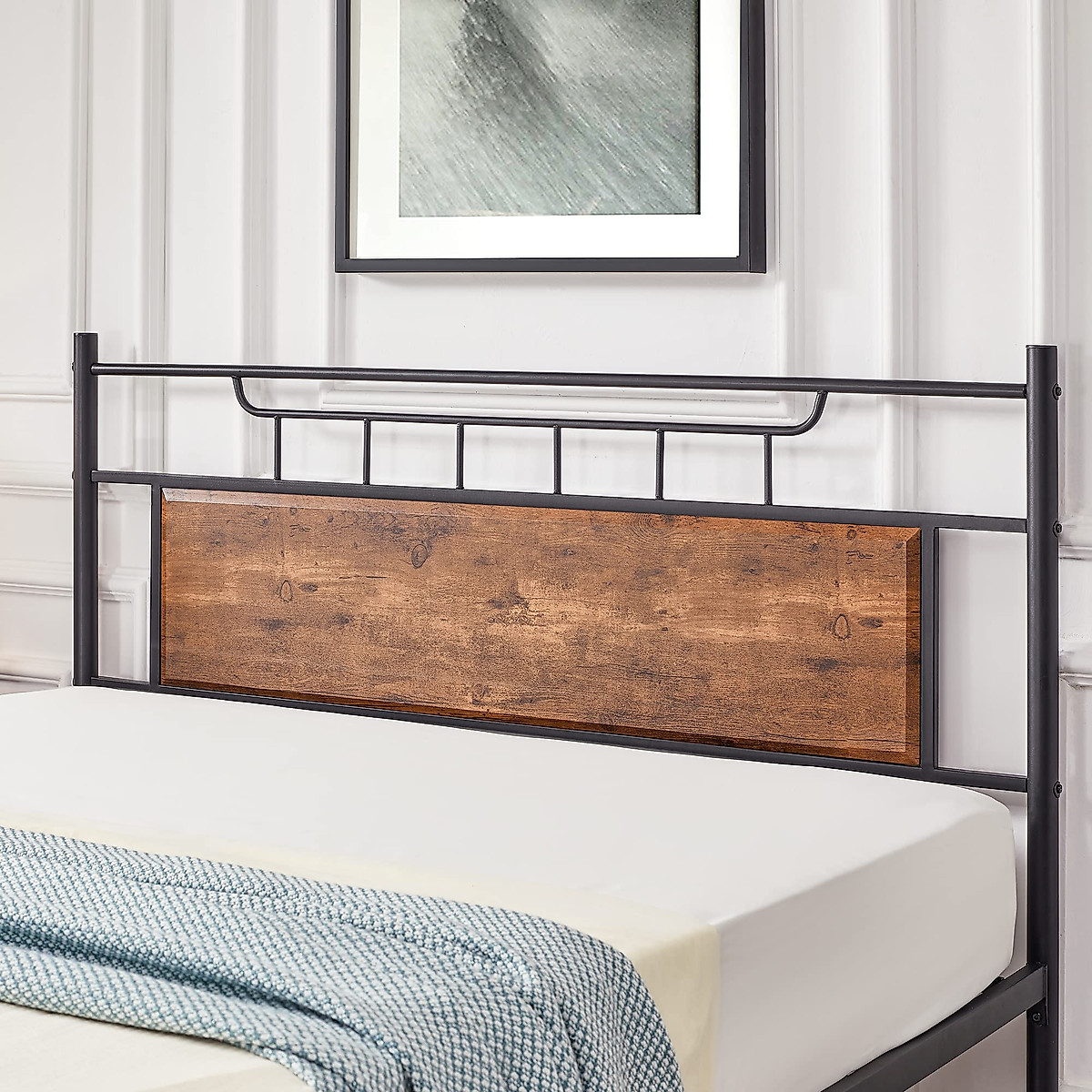VECELO Queen Size Bed Frame with Wood Headboard, Strong Metal Slats Support for Platform,No Box Spring Needed,Easy Assembly,Rustic Brown