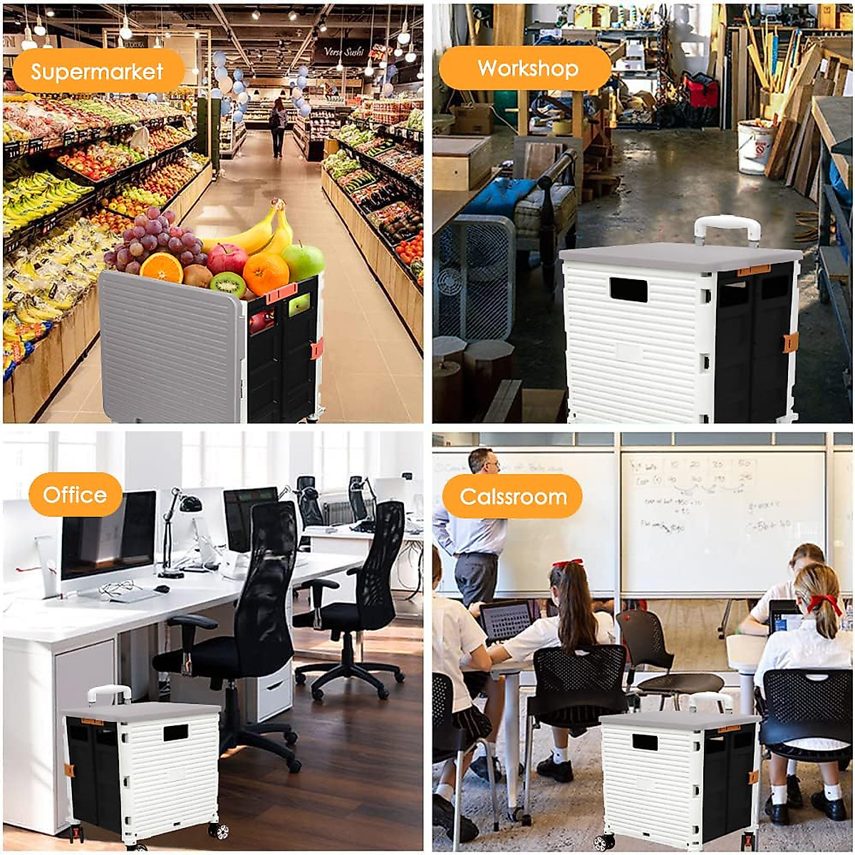 SELORSS Foldable Utility Cart Portable Collapsible Crate Rolling Carts with Wheels Rolling Tote Basket Teacher Cart with Lid Wear-Resistant 360°Rotate Wheel Noiseless for Shopping Storage Office Use