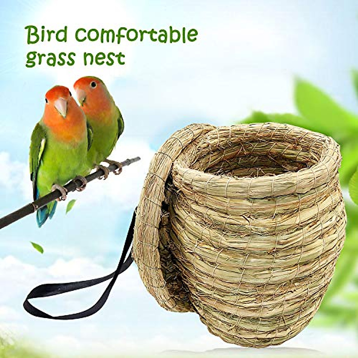 BWOGUE Straw Bird Nest Eco-Friendly Straw Birdhouse 100% Natural Fiber Bird Nest Hut Cozy Resting Breeding Place for Parrots Parakeet Conures Cockatiel,Large