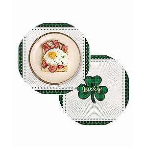 15" Round Braided Placemats Set of 2 St. Patrick Clover Shamrocks Classic Stylish Woven Place Mats Table Mats Set-Thick Heat Resistant Kitchen Trivet Hot Pads Pot Holder for Dining Tables