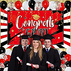 53 Pcs Graduation Decorations 2023 Congrats Grad Backdrop Banner Graduation Tablecloth Congrats Latex Balloons with Ribbons for University High School Graduation Party Supplies (Red and Black)