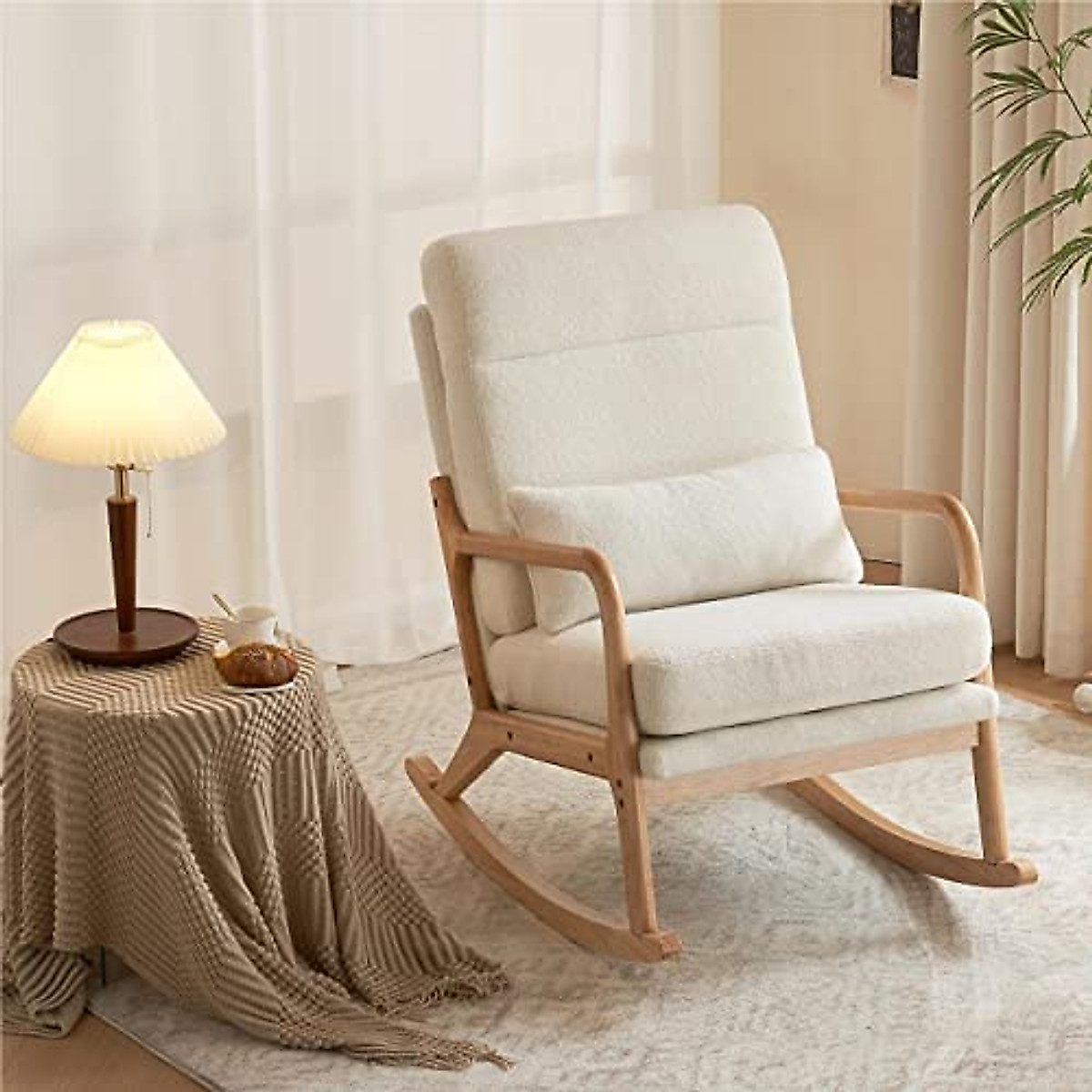 pazezog Rocking Chair,High Back Mid-Century Modern Accent Chair,Nursery Rocking Chair with Wooden Armrest,Upholstered Glider Rocker with Lumbar Pillow for Living Room