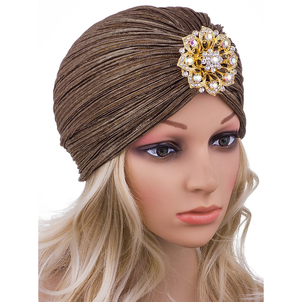 Vijiv Women's Vintage Lurex Knit Turban Beanie Hats Headwraps for 1920s Cocktail Party Gold