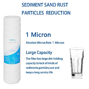 Lafiucy 1 Micron 10" x 2.5" String Wound Sediment Water Filter Cartridge,5 Pack,Whole House Sediment Filtration, Universal Replacement for Most 10 inch RO Unit