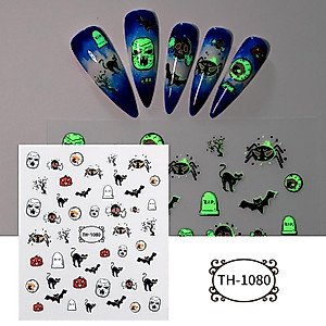 JMEOWIO 9 Sheets Halloween Glow in The Dark Nail Art Stickers Decals Self-Adhesive Pegatinas Uñas Skull Horror Nail Supplies Nail Art Design Decoration Accessories