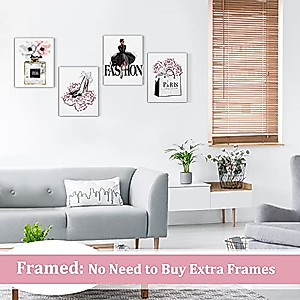 CoziTech Fashion Women Canvas Wall Art Framed, Modern Artwork for Girls Bedroom Wall Décor Pink Flowers Perfume Art Print Handbag High Heel Wall Picture Paintings for Women Room Décor. Set of 4. 8x10in - (Ready to Hang)