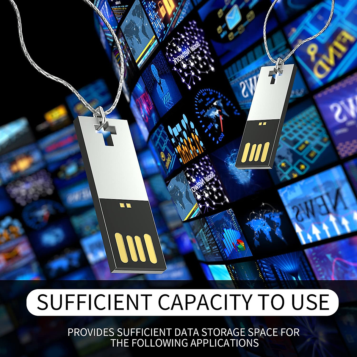 USB Flash Drive- Thumb Drive Memory Stick Pen Drive 128GB Necklace Metal Style Keychain Design