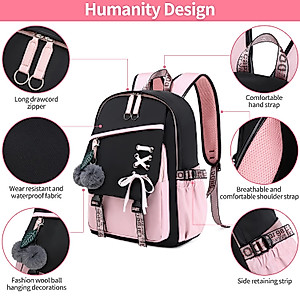 FENGDONG Teenage Girls Bookbag School Backpack Children Casual Daypack Schoolbag for Teens Black Pink