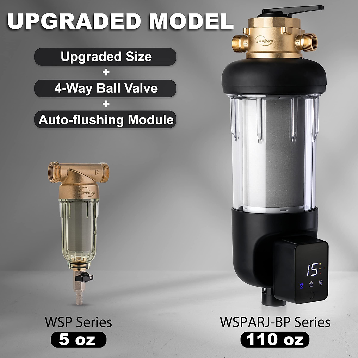 iSpring WSP50ARJ-BP Whole House Prefilter, Spin-Down Sediment Water Filter with Bypass, Upgraded Clear Housing, Jumbo Size, Flushable and Reusable, Touch-Screen Auto Flushing, 4 Modes, 50 Microns