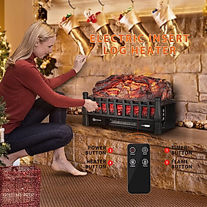 VIVOHOME 110V Electric Fireplace Insert Log Quartz Realistic Ember Bed Fan Heater with Infrared Remote Controller Black