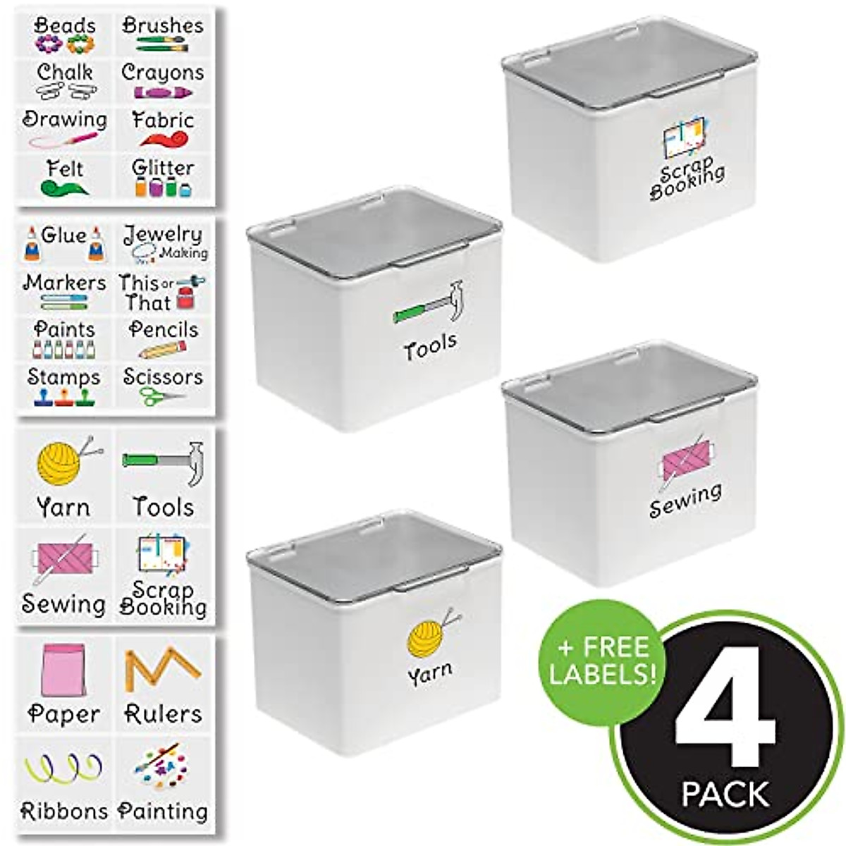 mDesign Stackable Plastic Craft, Sewing, Crochet Storage Container Box with Lid - Compact Organizer and Holder for Thread, Beads, Ribbon, Glitter, Clay - 4 Pack, Includes 32 Labels - Light Gray/Clear