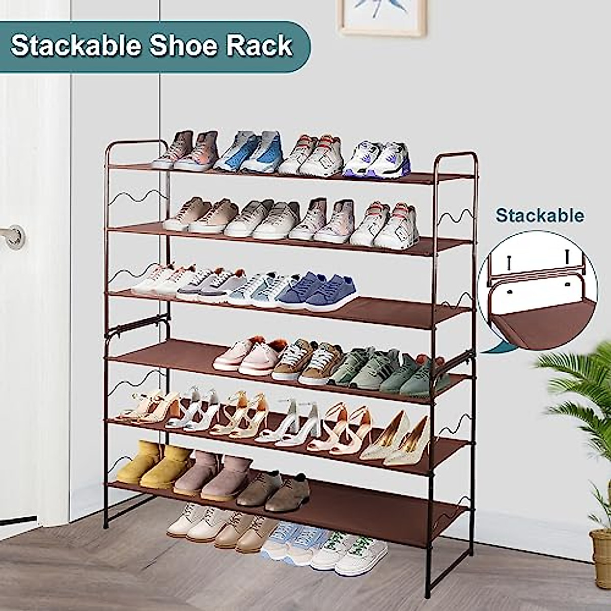 ZXNABA 3-Tier Shoe Rack Stackable Long Shoe Shelf Storage Organizer for Closet, Entryway 18-Pair / 24-Pair (Golden-Brown)