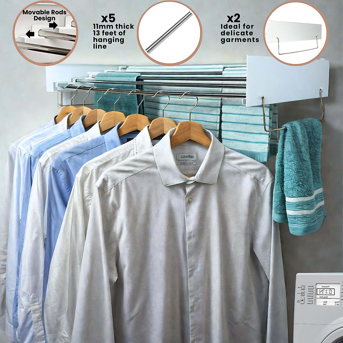 Wall Mounted Drying Rack - Clothes Drying Rack Wall Mounted - Laundry Drying Rack Wall Mount - Drying Rack Clothing Wall Mounted - Stainless Steel 5 Rods - 2 foldable hanger supports (31.5" Wide)