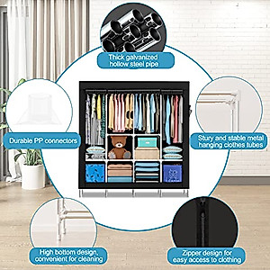 Mihoho Portable Wardrobe, 67 Inch Closet for Hanging Clothes, Metal Clothing Rack Organizer, Free Standing Wardrobe with Black Oxford Fabric Cover, 67" WX65 HX17.7 D (Classic Black, King-Size)