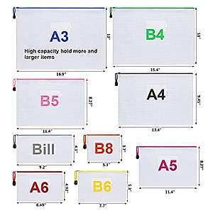 Sooez 20 Pack Plastic Zipper Pouches, 9 Sizes(Super Large A3 Included) Waterproof Mesh Zipper Bag, Zipper Mesh Pouch Plastic Document Pouch Organization Bag for School Office Home Travel Organize