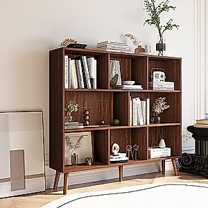 VICLLAX 3-Tier Open Book Shelf with Legs, Storage Walnut Book Shelves, 8 Cube Floor Standing Display Shelf for Home Office, Bedroom, Reading Room