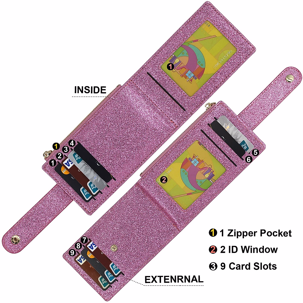 FFpaw Glitter Credit Card Wallet for Women Shiny Small Coin Purse RFID Blocking Card Holder with Key Ring (Shiny Rose)