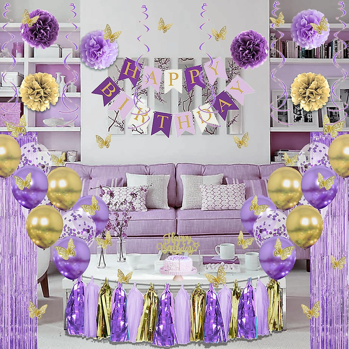 GoExquis Purple Violet Gold Birthday Decorations for Women Girls Butterfly Decor Cake Topper Hanging Swirls Foil Curtain Tassel Garlands Paper Pom Poms Happy Birthday Banner Balloons