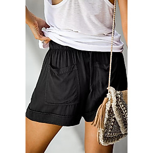 ANFTFH Women Casual Solid Color Shorts Loose Elastic Waist Pants Summer Vacation Black L