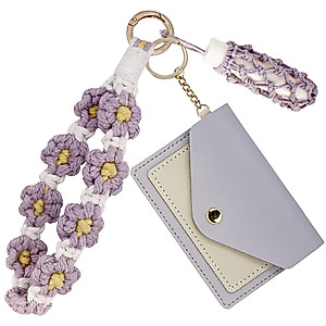 BIHRTC Boho Macrame Keychain Multicolor Daisy Bracelet Wrist Lanyard with Wallet Lipstick Holder Handmade Durable Floral Lanyard Car Key Keyring Wrist Key Chain for Women Girls