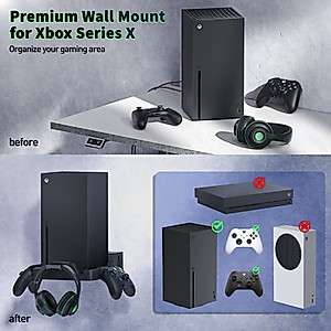 Narati Wall Mount for Xbox Series X, Wall Mount Kit for Xbox Series X with 2 Controller Holder & Headphone Hook, Integrated and Heat Ventilation Design, Mount Console Facing Forward