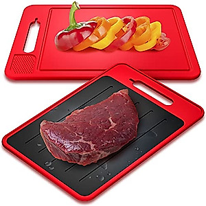 4-in-1 Defrosting Tray for Frozen Meat with Cutting Board, Knife Sharpener & Garlic Grater - Self Thawing Tray & Non-Slip Red Chopping Boards by EliKai