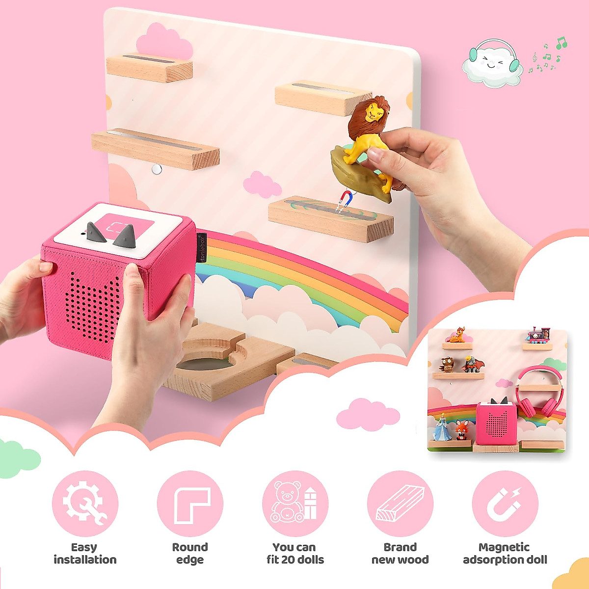 OUKNAK Floating Shelf for Toniebox, Wall Mount Magnetic Wooden Shelf with Carrying Case Compatible with Tonie Audio Player Figures Character for Children Baby's Room (Rainbow)