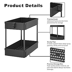 Boeeoan Under Sink Organizers Storage Rack, 2 Tier Under Bathroom Cabinet Shelf Basket, Multi-Purpose Storage Cart with Hooks for Kitchen Bathroom Bedroom Livingroom, Black