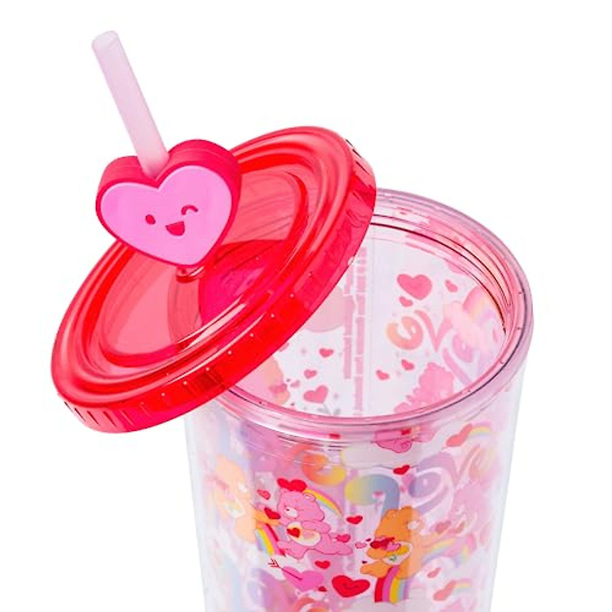 Silver Buffalo Care Bears Love Rainbow Hearts Featuring Friend Bear and Love-A-Lot Bear Plastic Cold Cup with Lid and Topper Straw, 24 Ounces